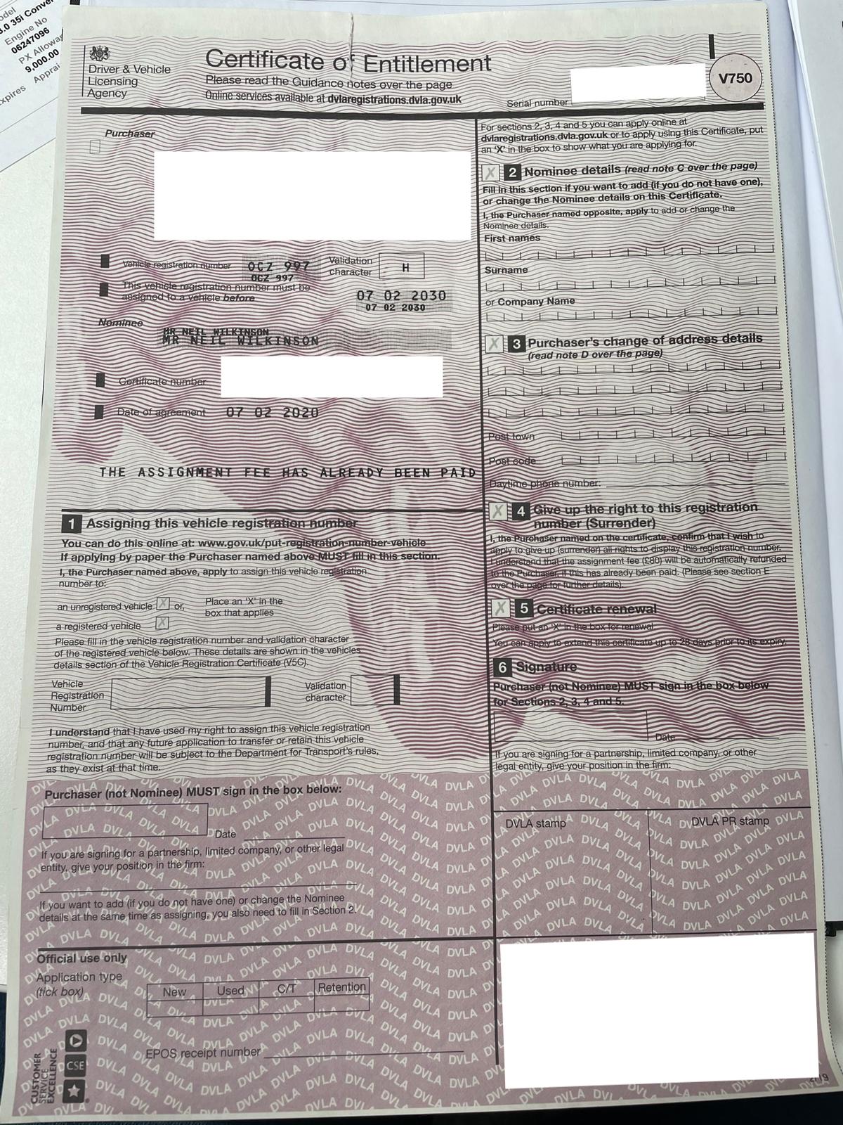 'OCZ 997' - NUMBER PLATE for sale by auction in , United Kingdom