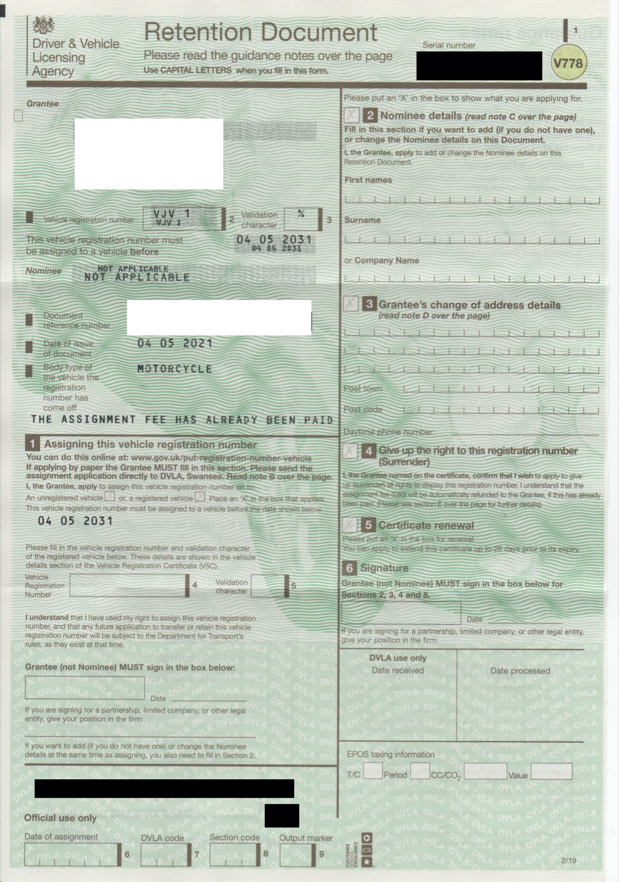 'VJV 1' - NUMBER PLATE for sale by auction in , United Kingdom