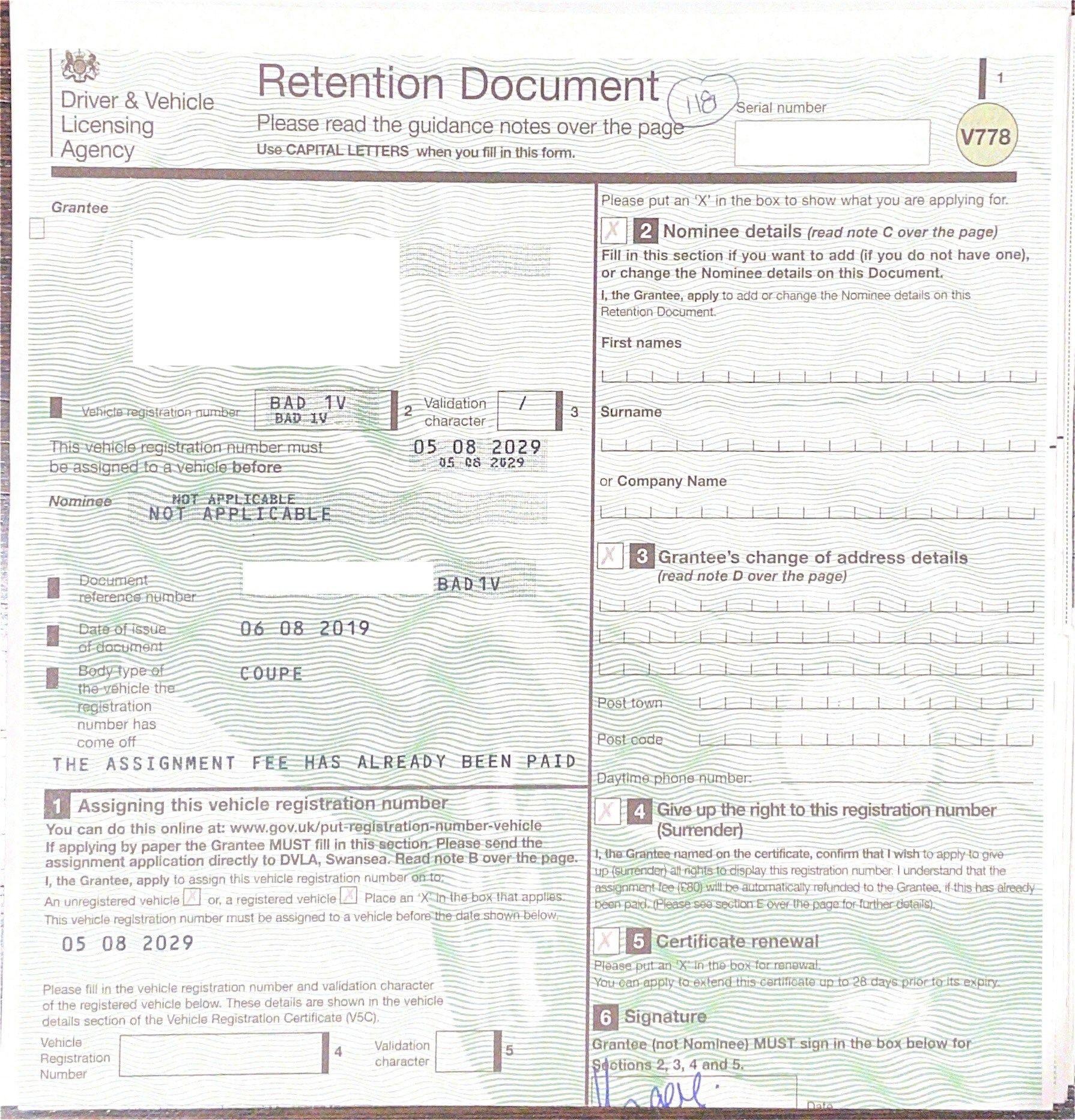 'BAD 1V' - NUMBER PLATE for sale by auction in , United Kingdom