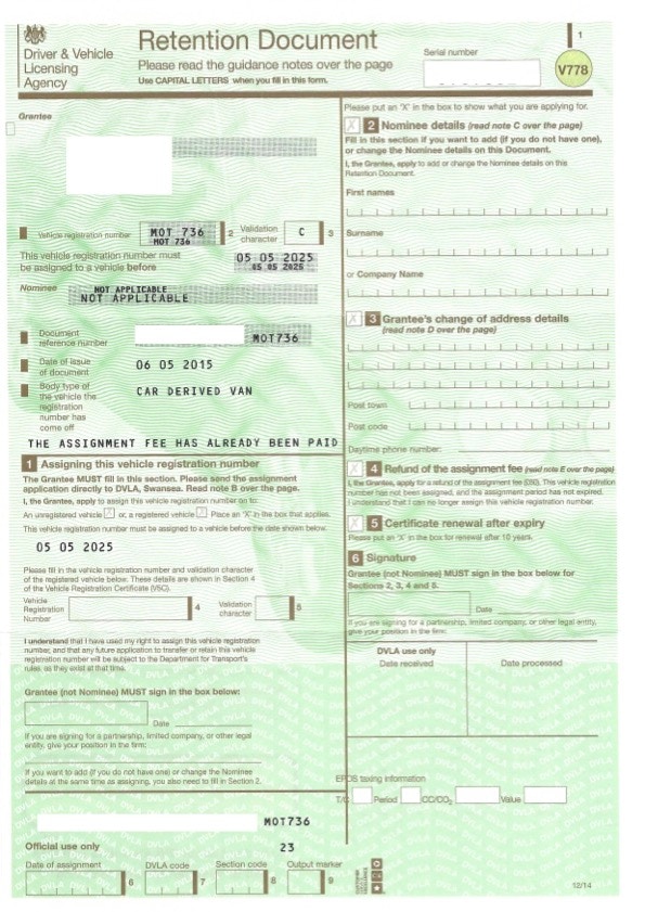 'MOT 736' - NUMBER PLATE for sale by auction in , United Kingdom