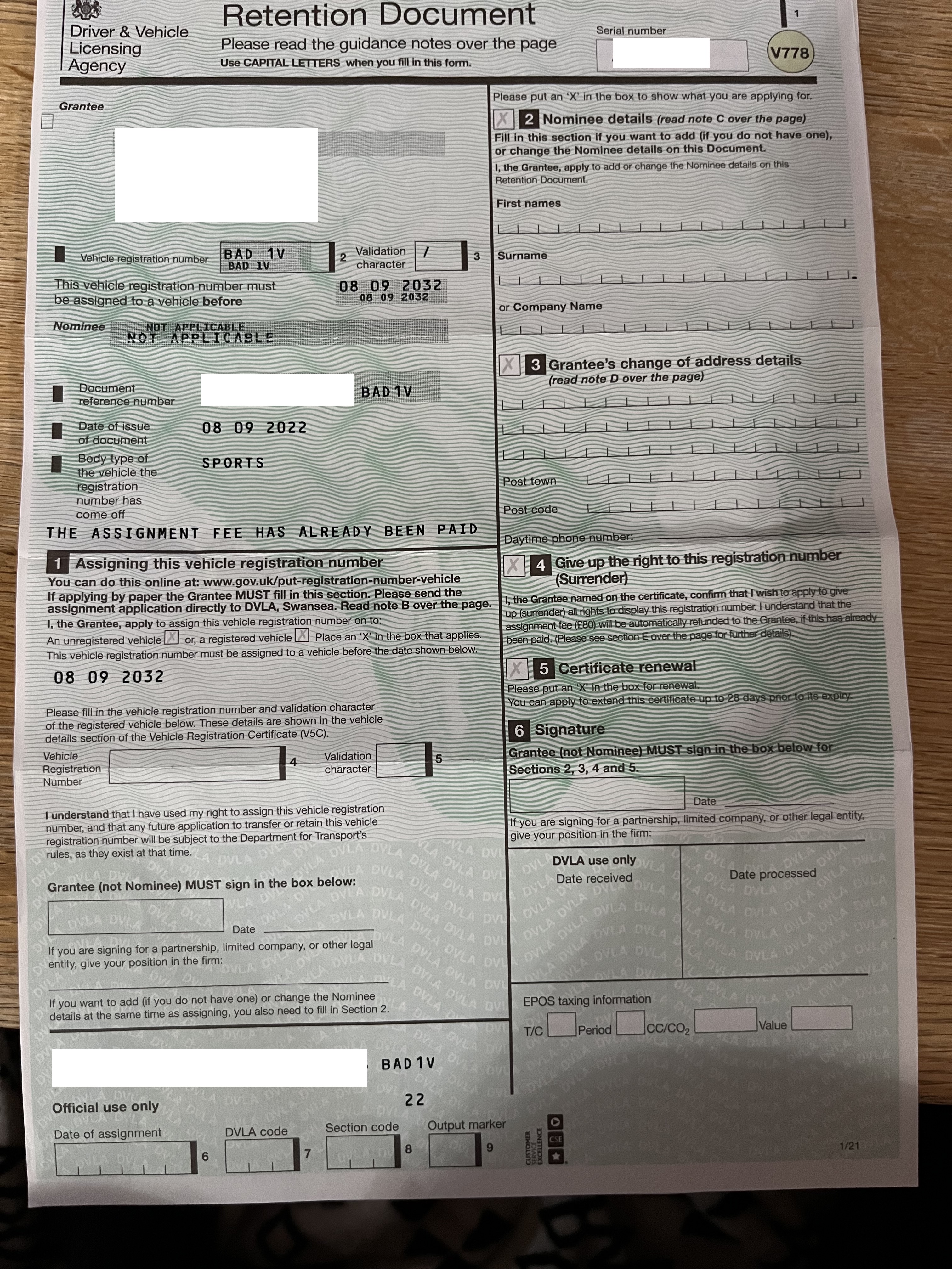 'BAD 1V' - NUMBER PLATE for sale by auction in , United Kingdom