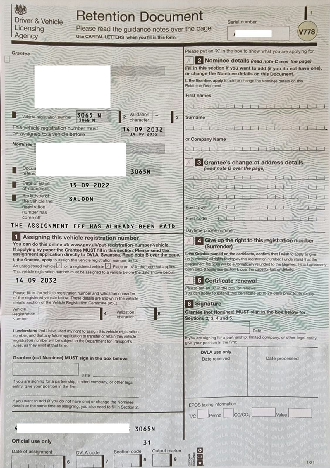 '3065 N' - NUMBER PLATE for sale by auction in , United Kingdom