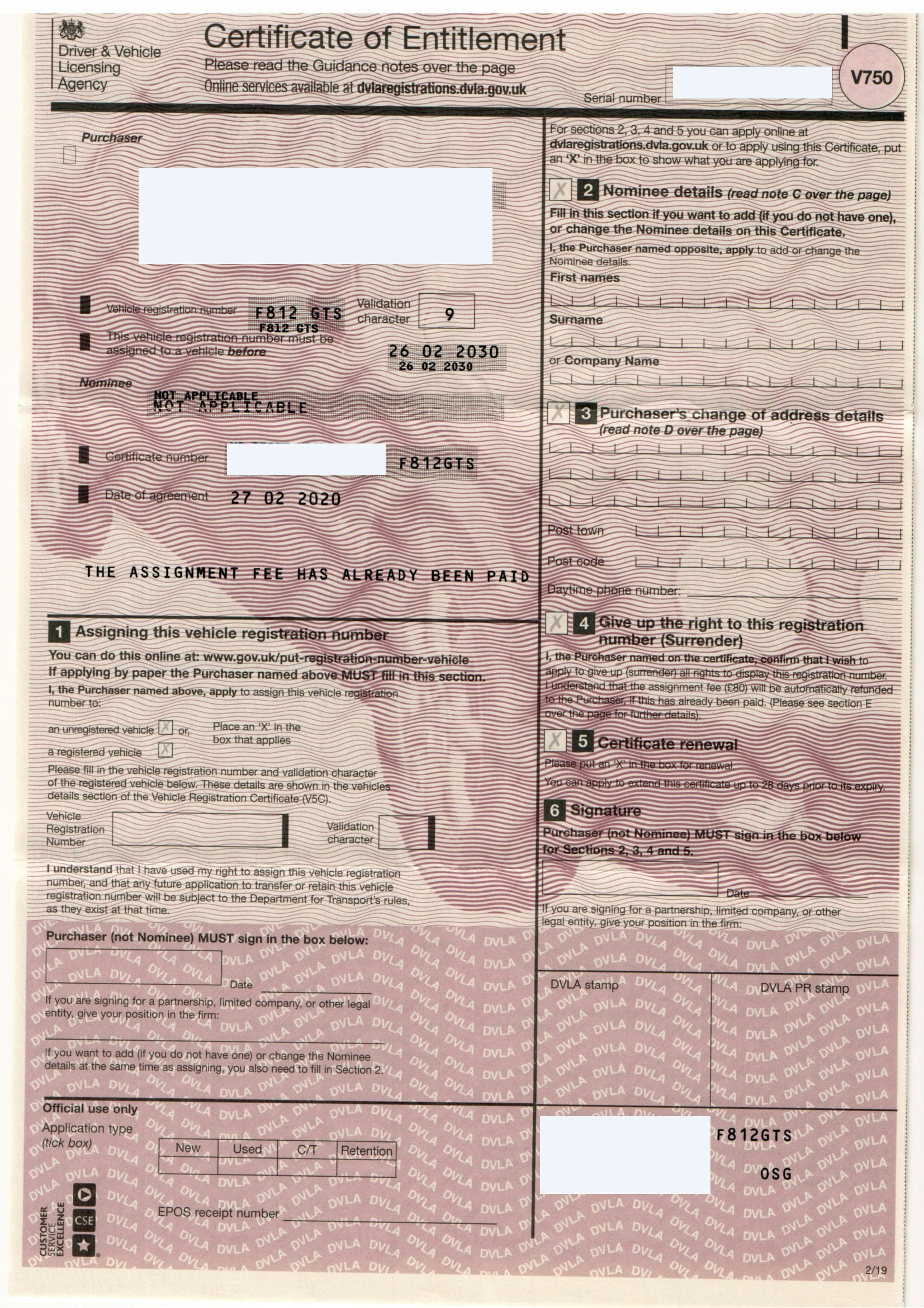 'F812 GTS' - NUMBER PLATE for sale by auction in , United Kingdom