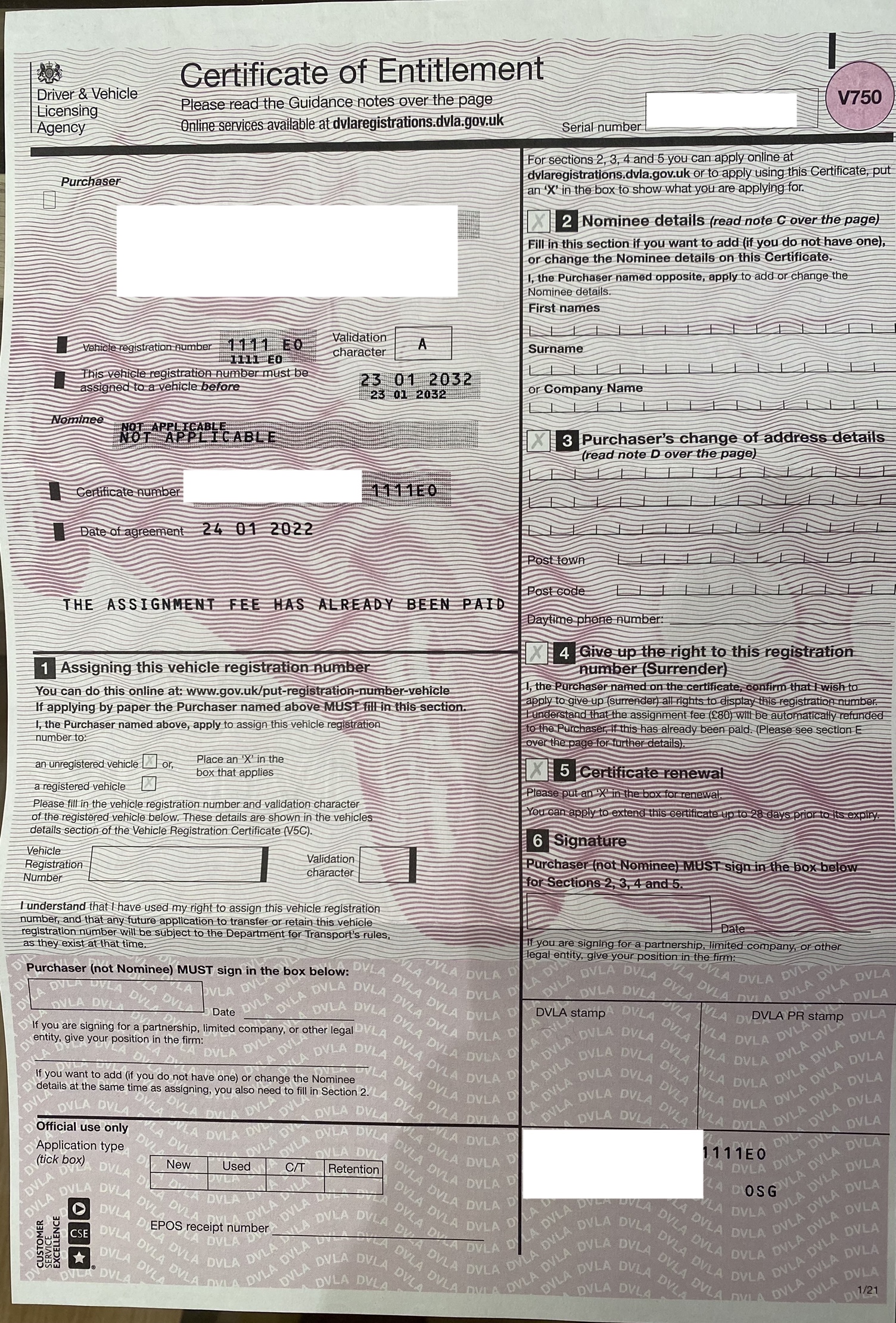 '1111 EO' - NUMBER PLATE for sale by auction in , United Kingdom