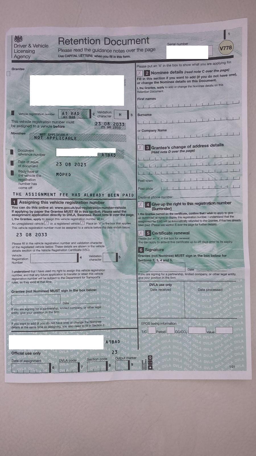 'A1 BAD' - NUMBER PLATE for sale by auction in , United Kingdom