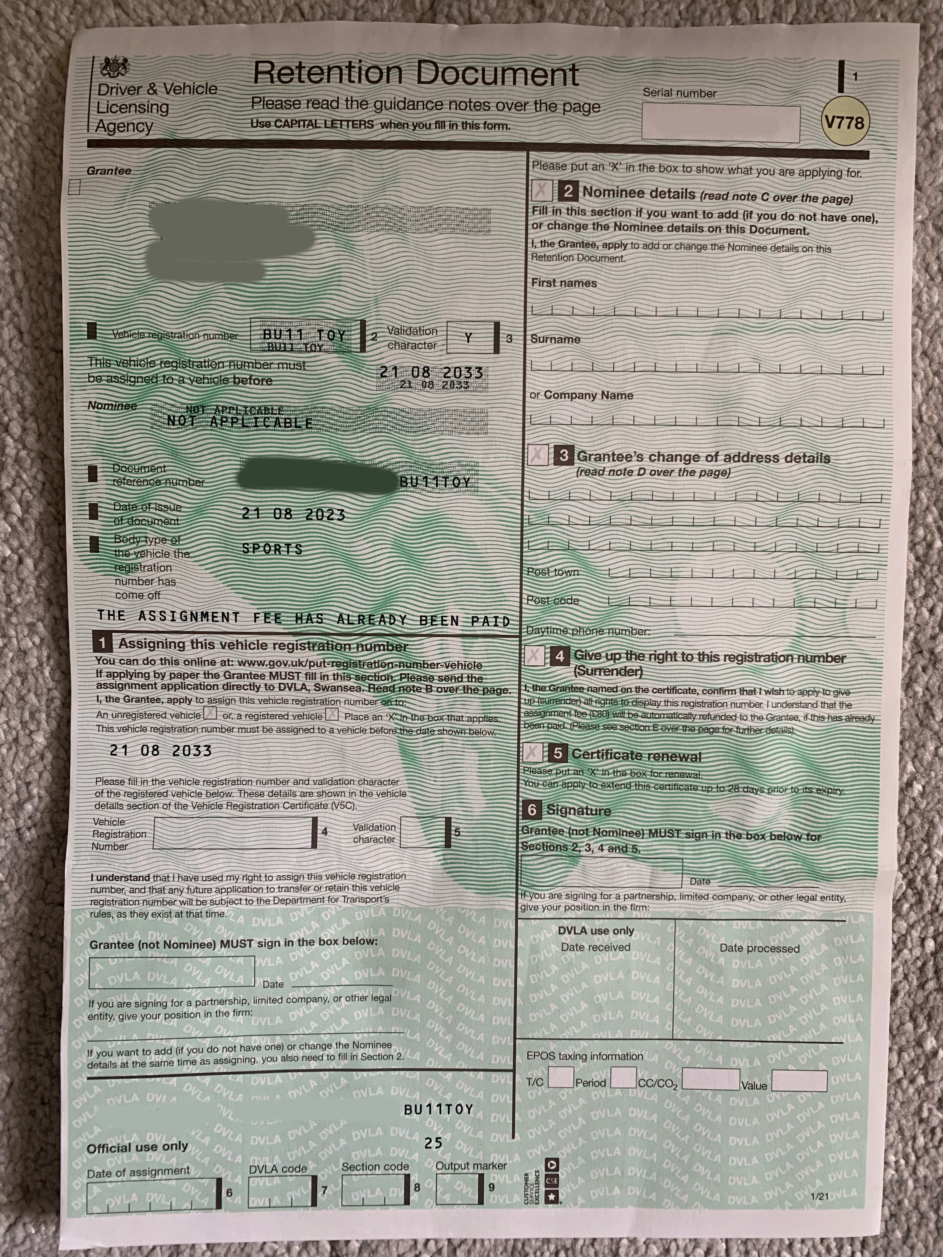 'BU11 TOY' - Number Plate for sale by auction in , United Kingdom