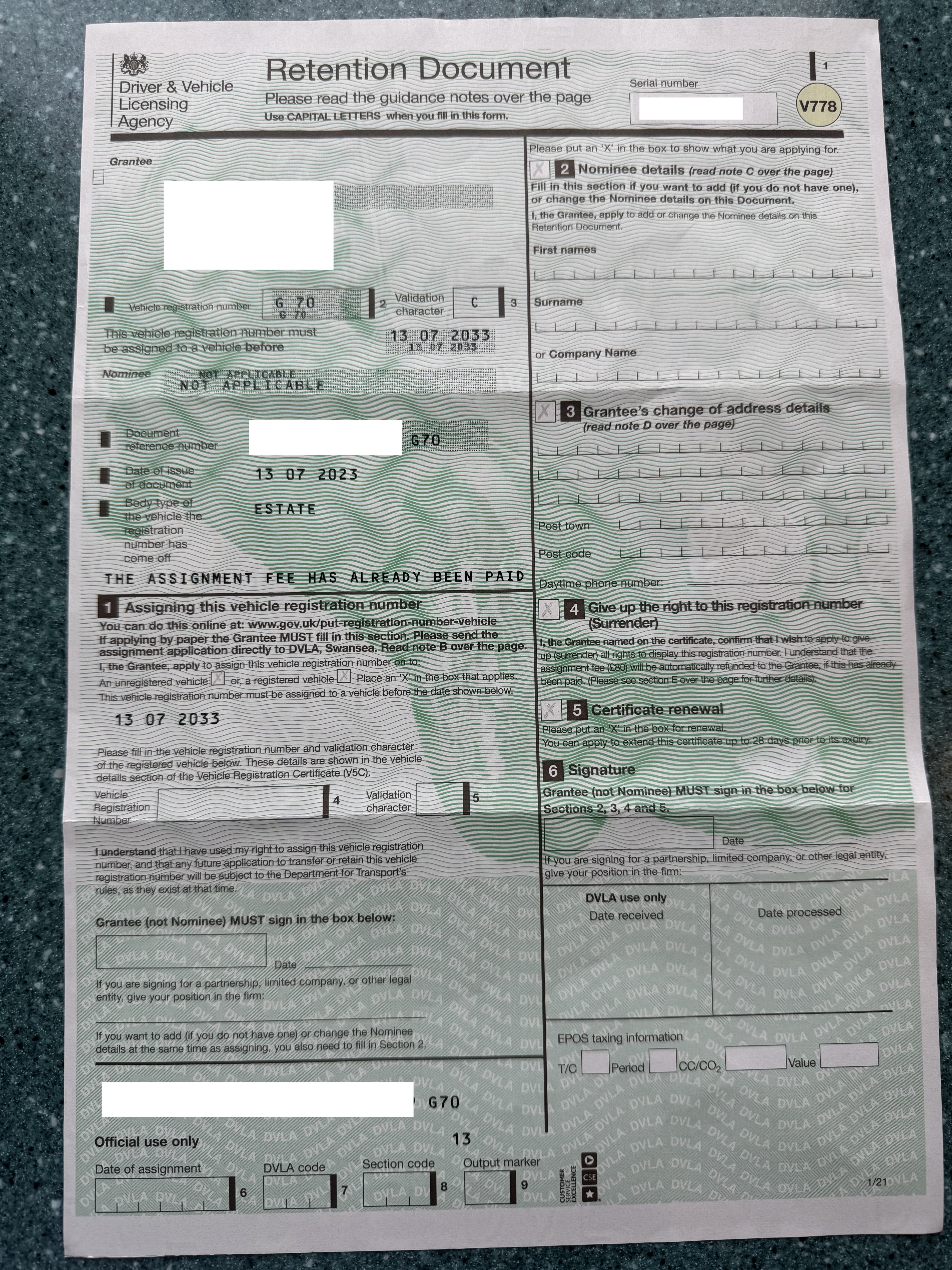 'G 70' - Number Plate for sale by auction in , United Kingdom