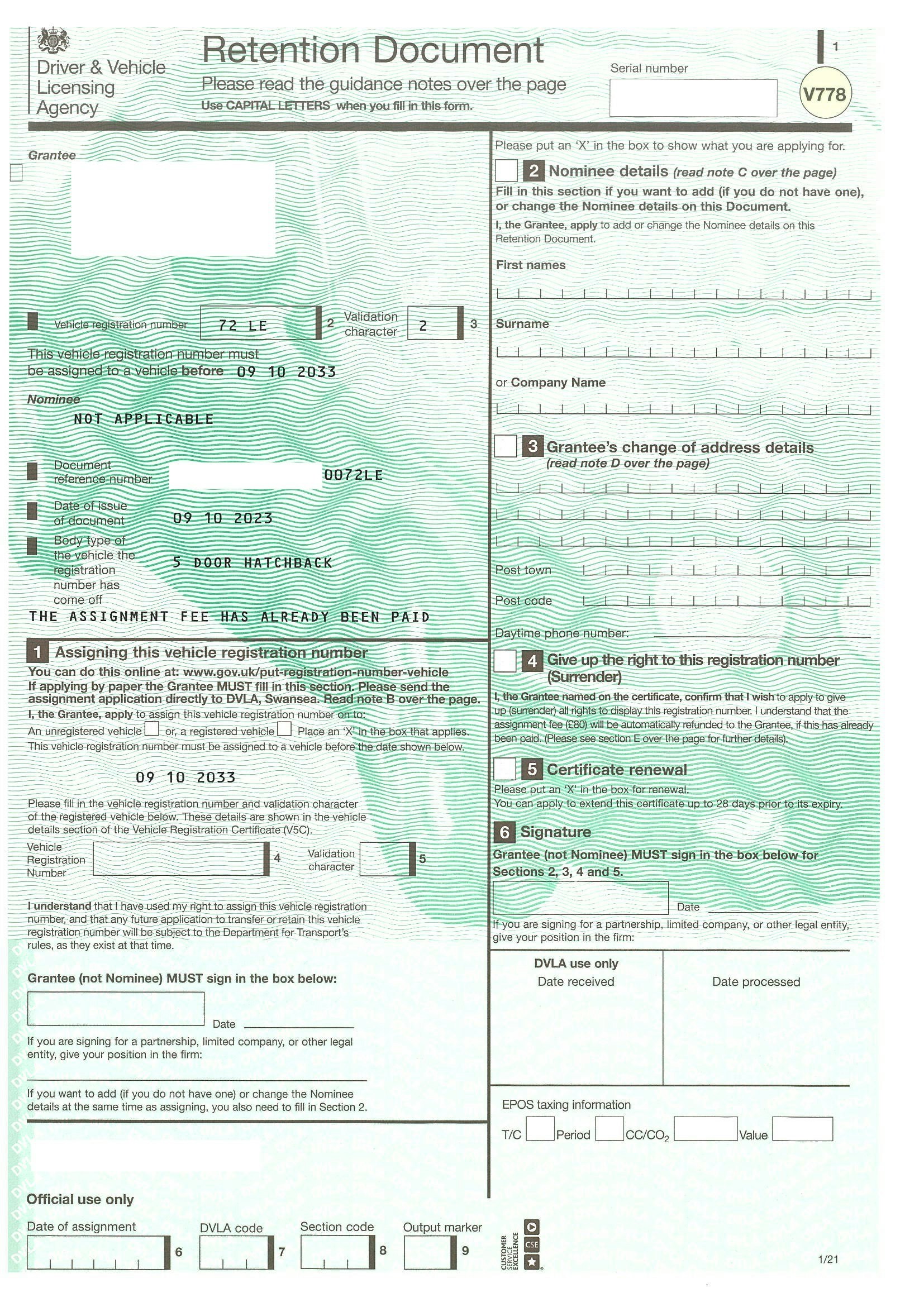 '72 LE' - Number Plate for sale by auction in , United Kingdom