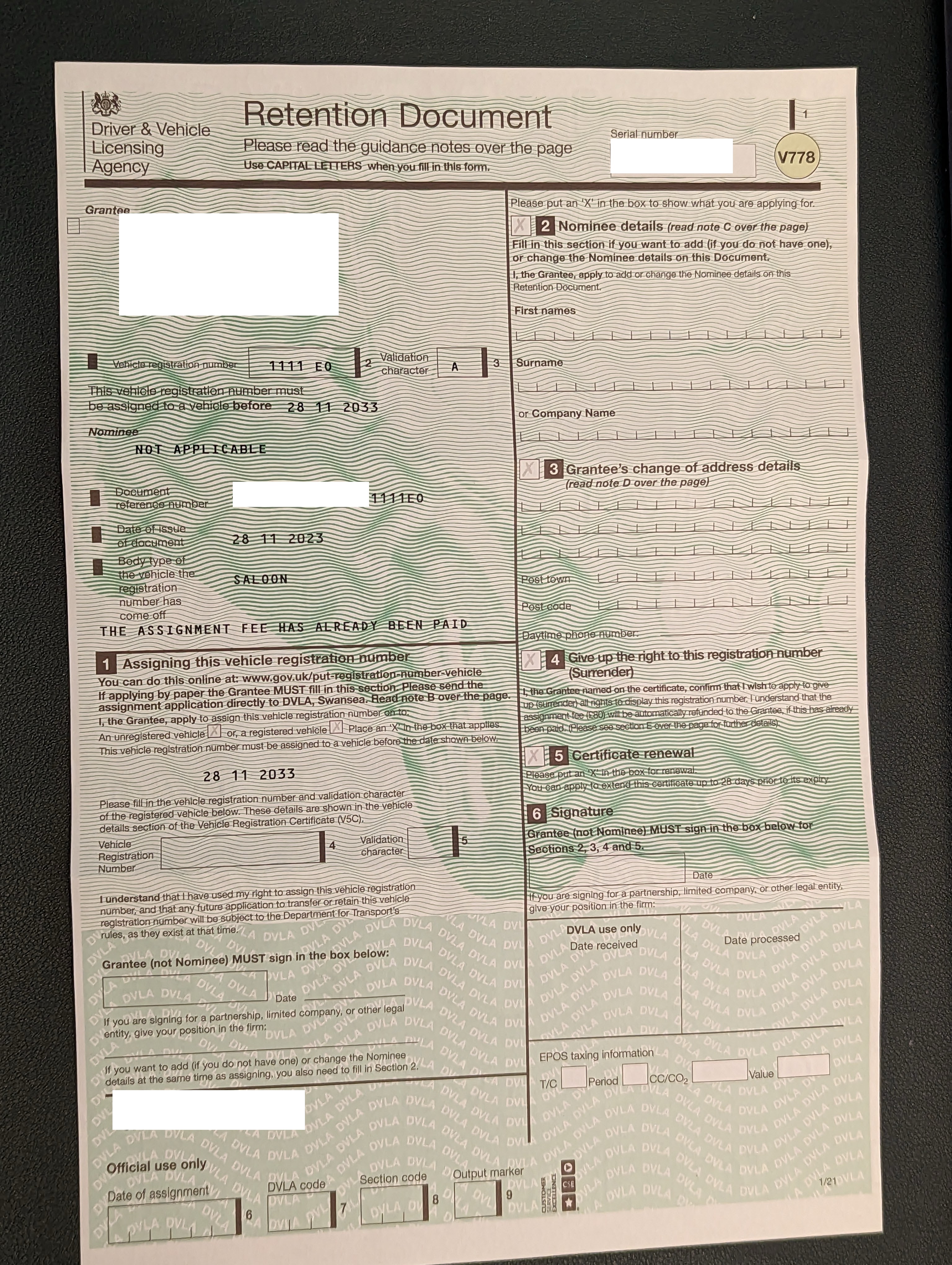 1111 EO - Number Plate for sale by auction in , United Kingdom