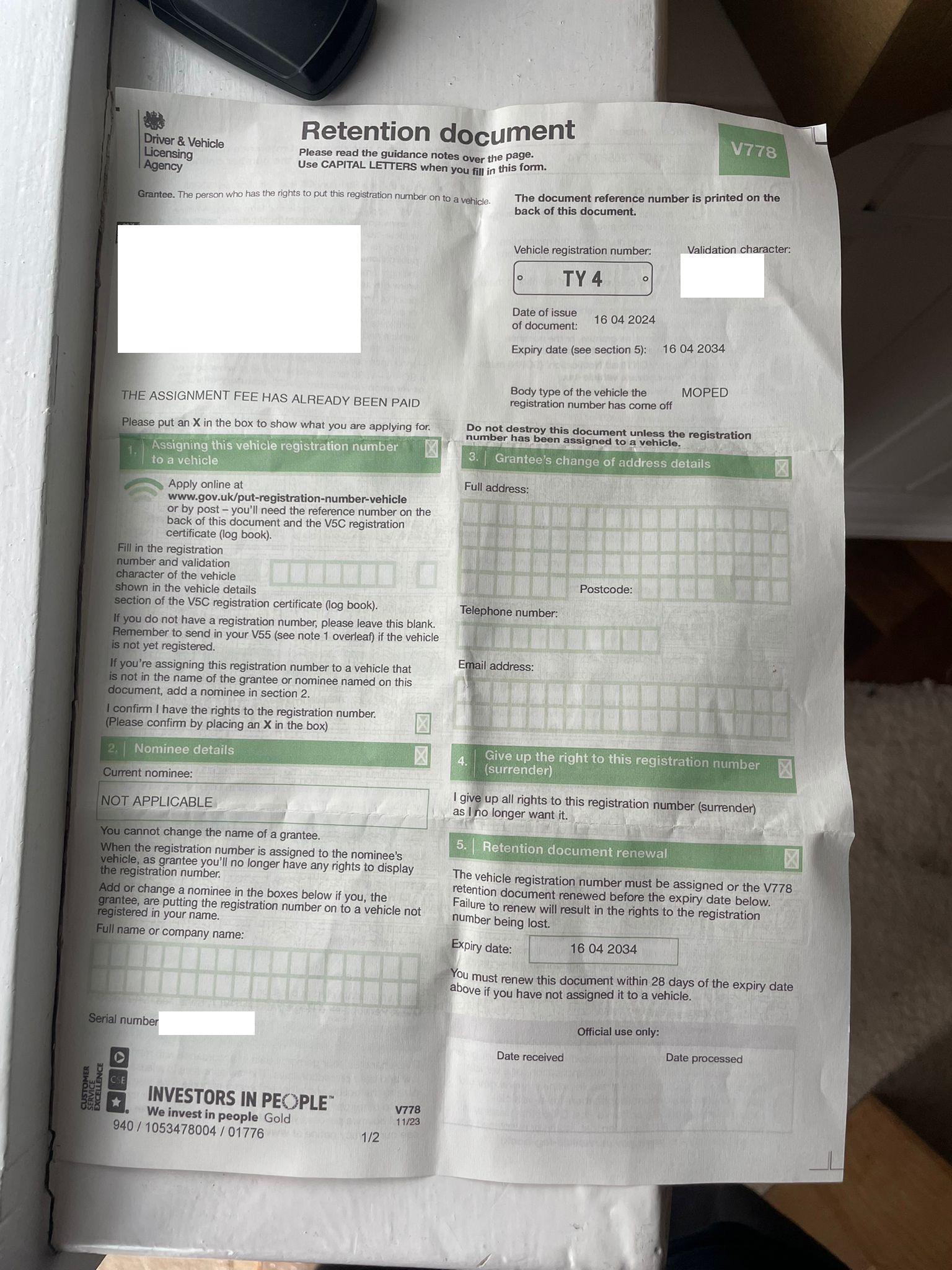 'TY 4' - Number Plate for sale by auction in , United Kingdom