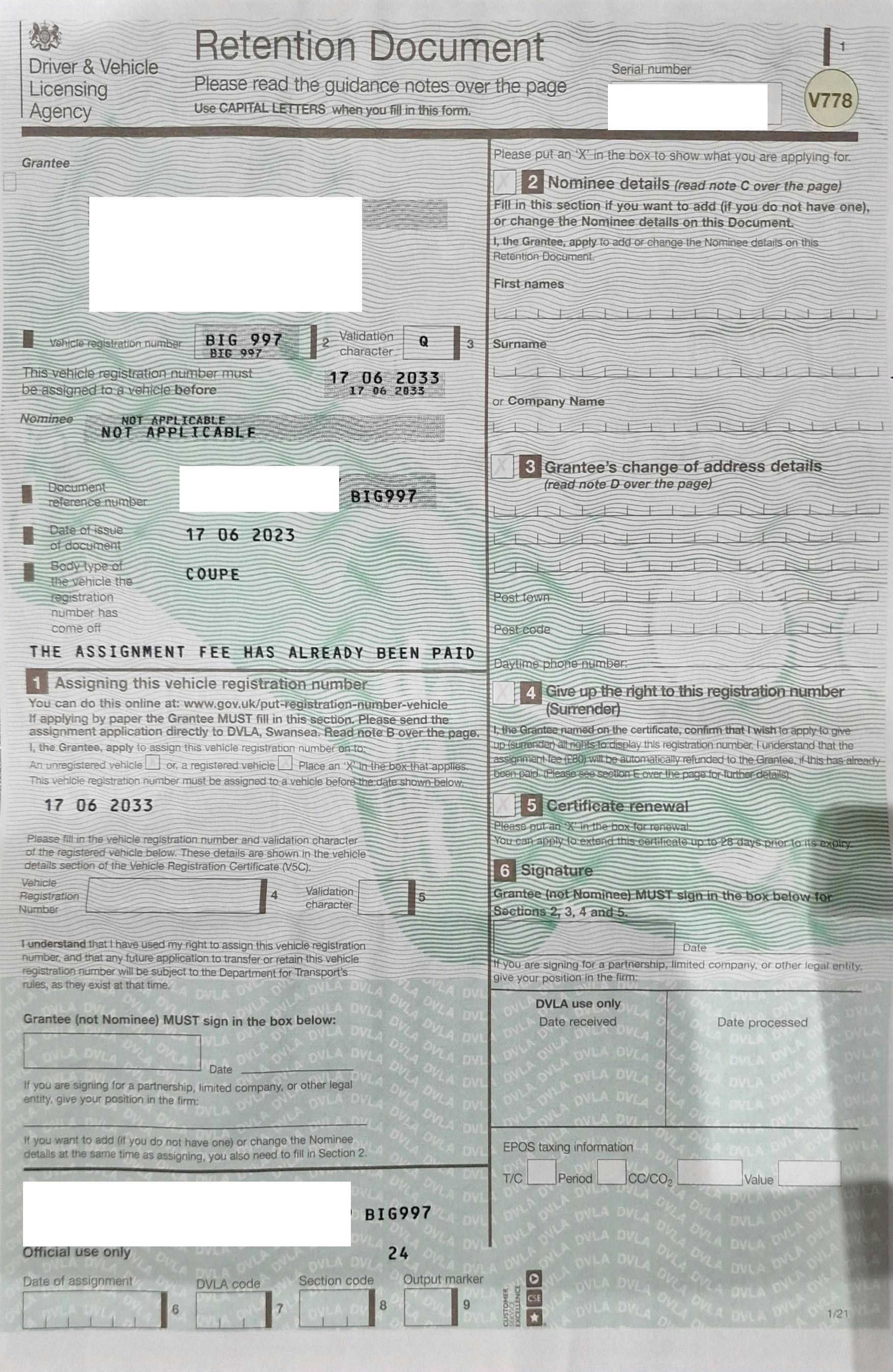 'BIG 997' - Number Plate for sale by auction in , United Kingdom