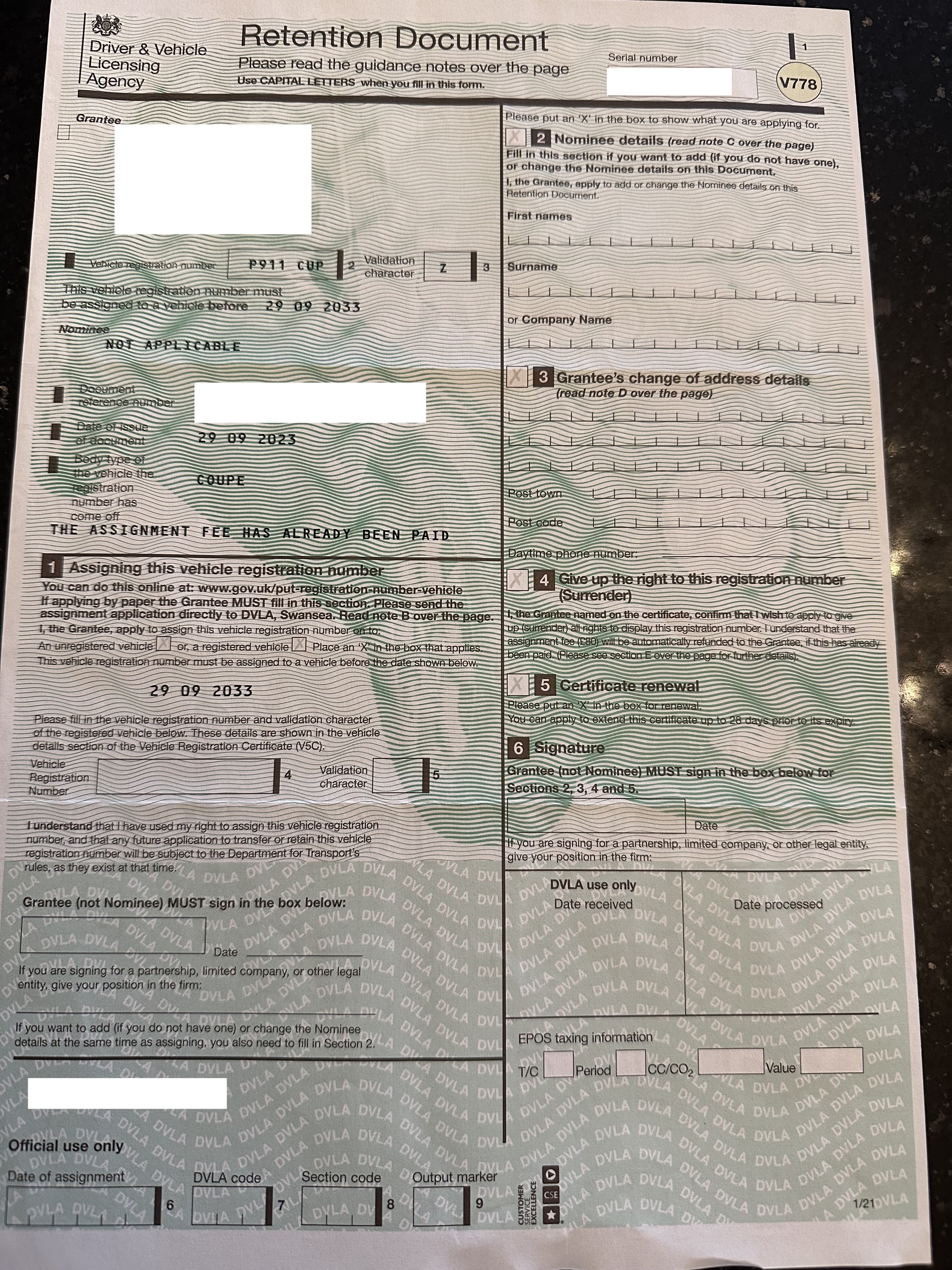 'P911 CUP' - Number Plate for sale by auction in , United Kingdom