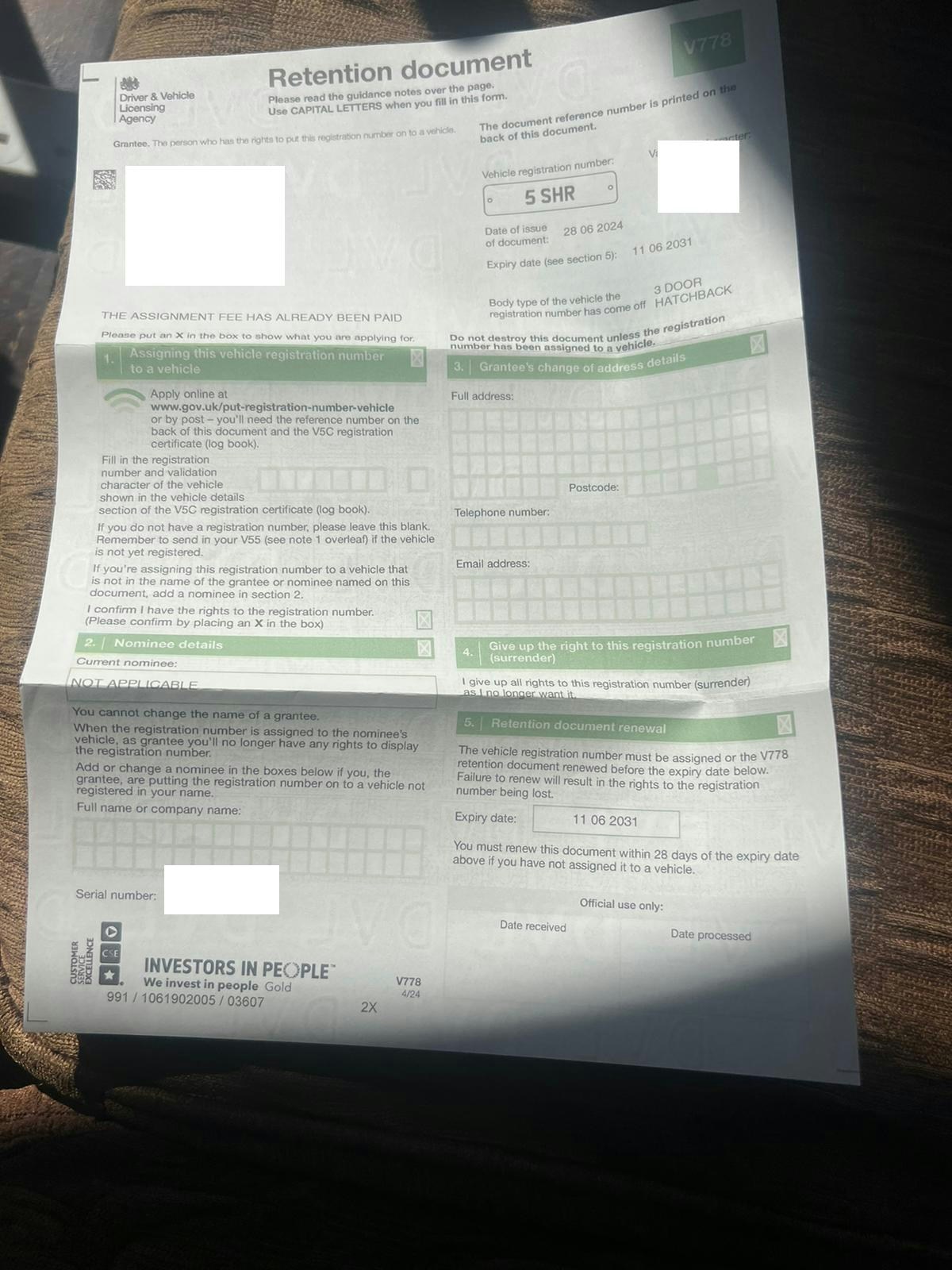 '5 SHR' - Number Plate for sale by auction in , United Kingdom