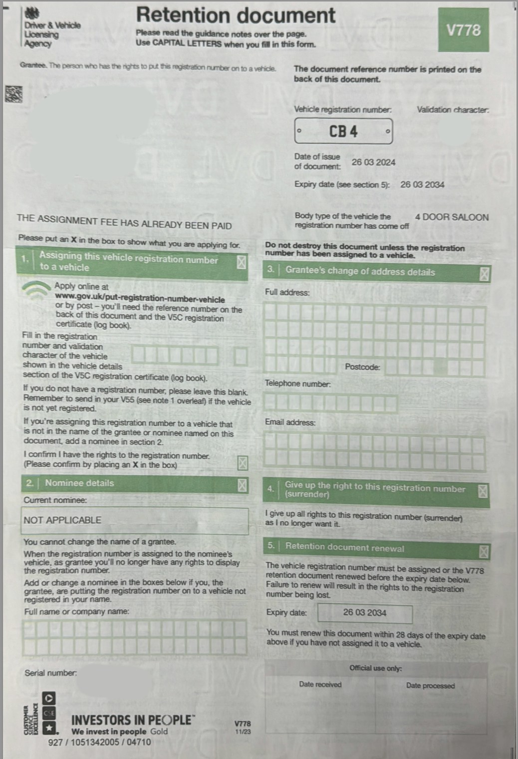 'CB 4' - Number Plate for sale by auction in , United Kingdom