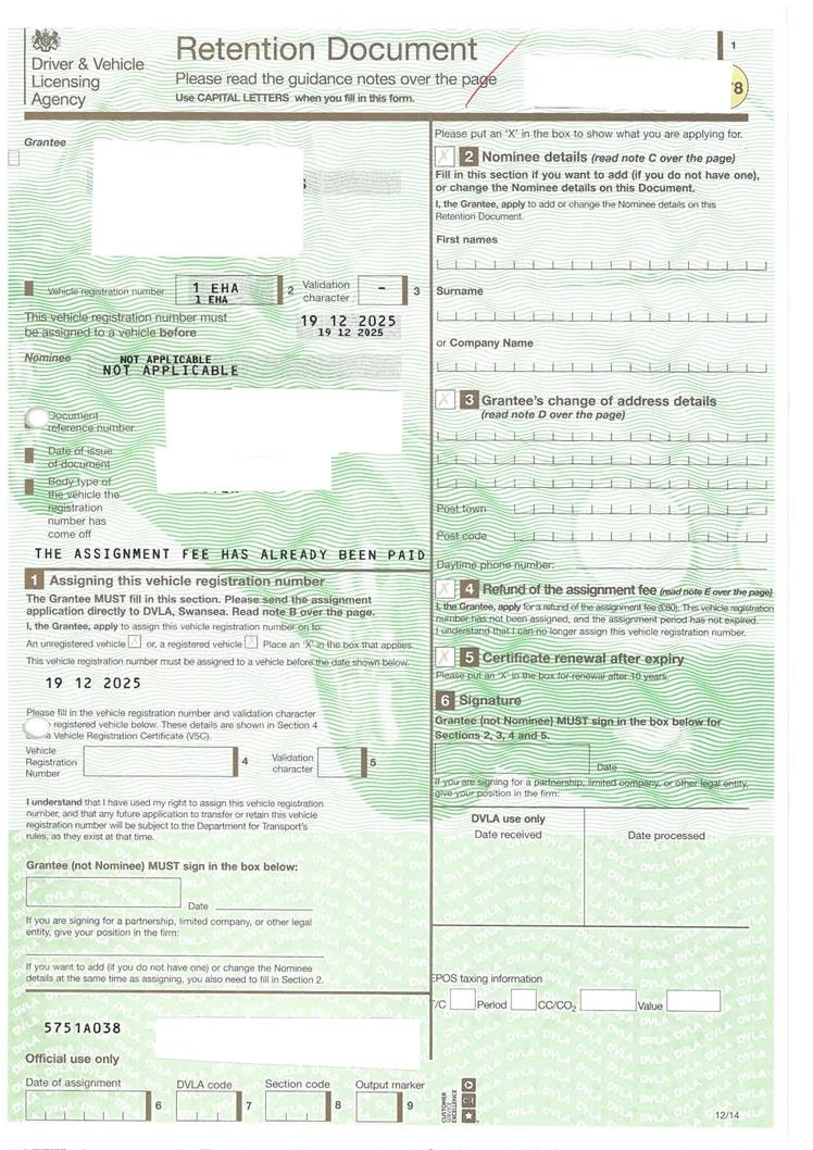 '1 EHA' - Number Plate for sale by auction in , United Kingdom