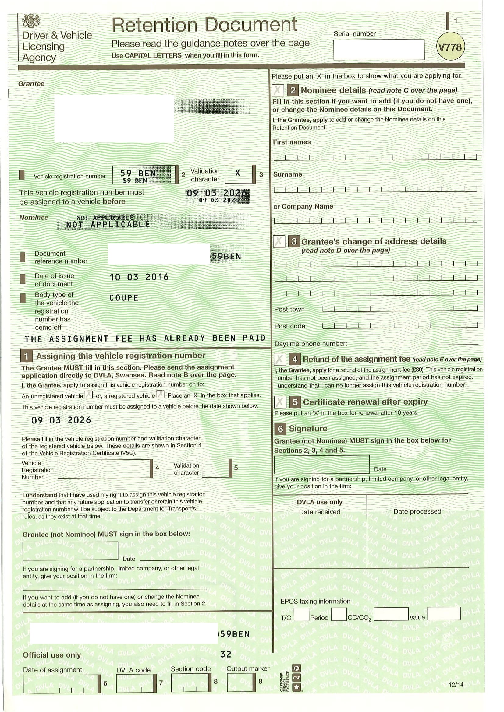 '59 BEN' - Number Plate for sale by auction in , United Kingdom