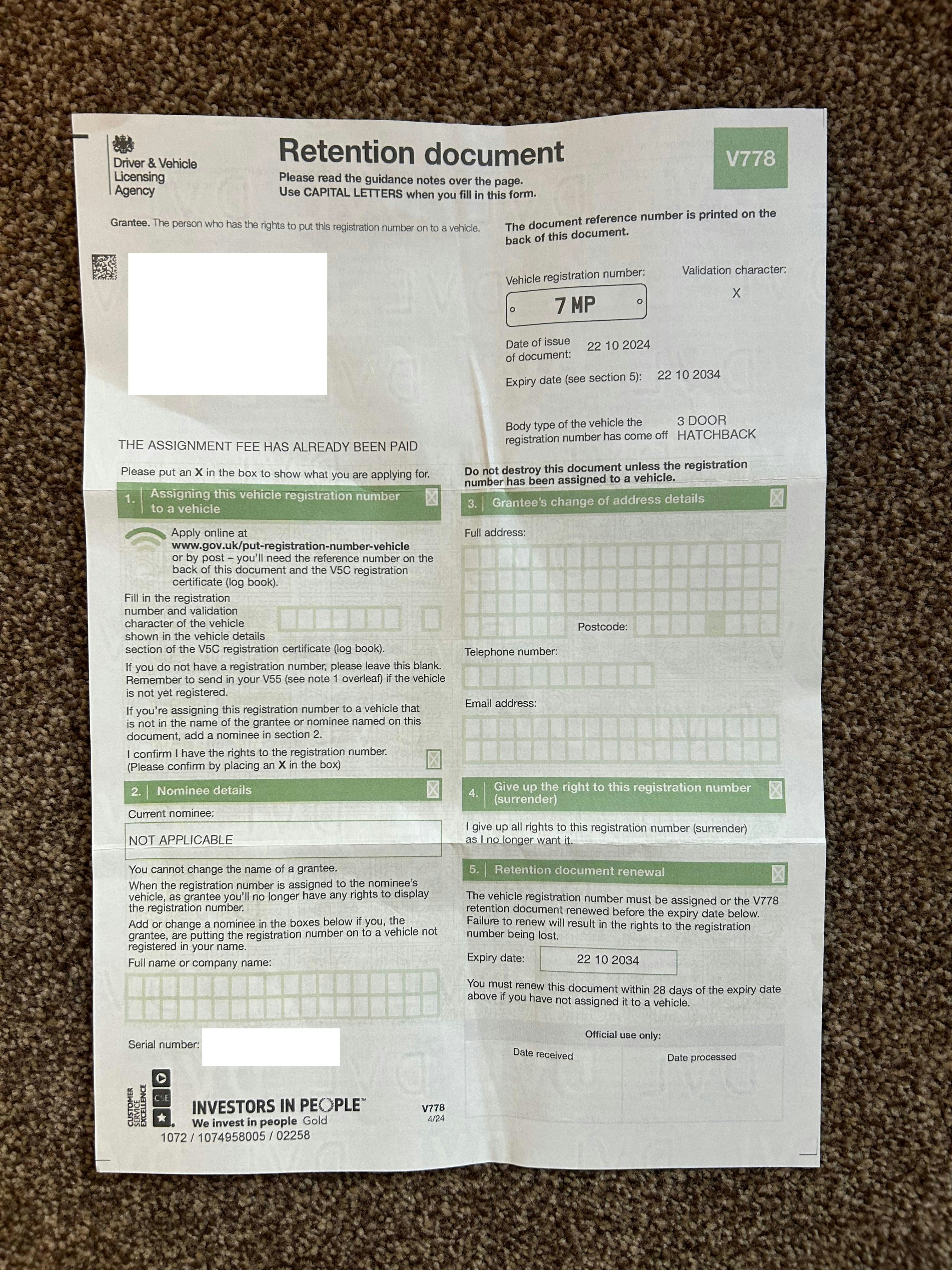 '7 MP' - Number Plate for sale by auction in , United Kingdom