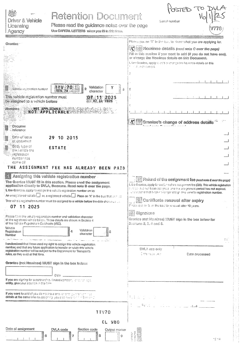 'TTV 70' - Number Plate for sale by auction in , United Kingdom