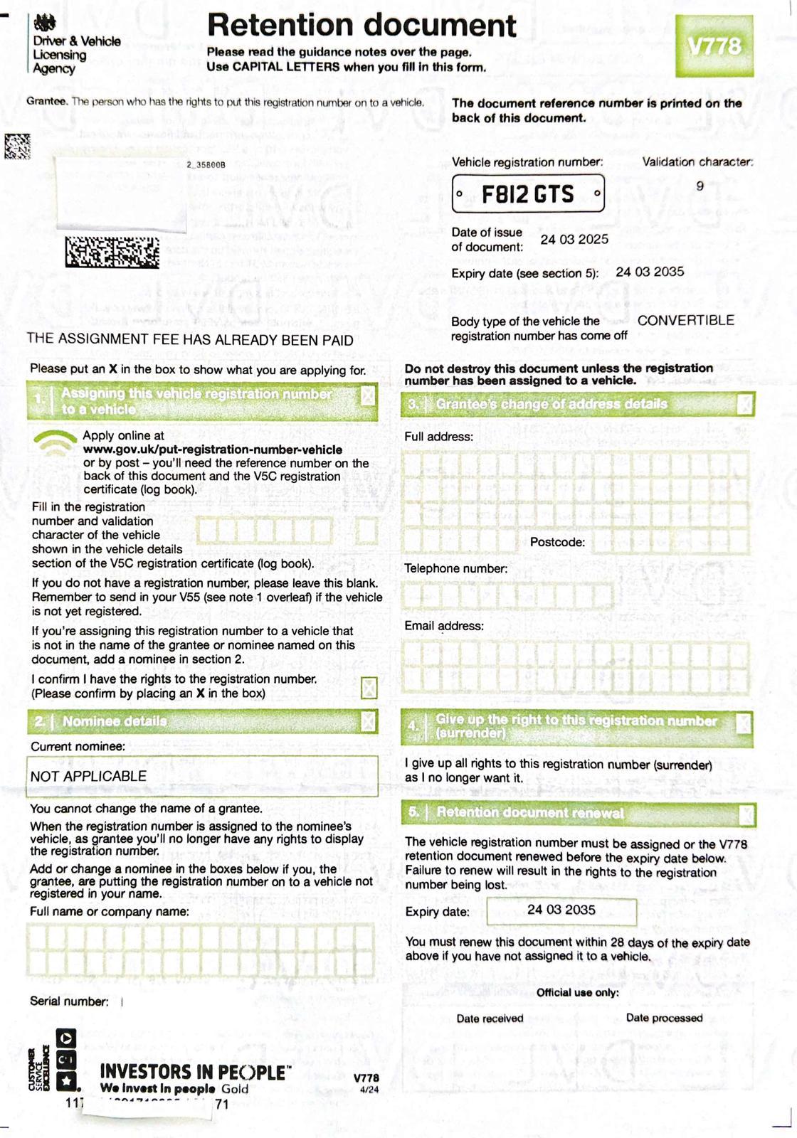 'F812 GTS' - Number Plate for sale by auction in , United Kingdom