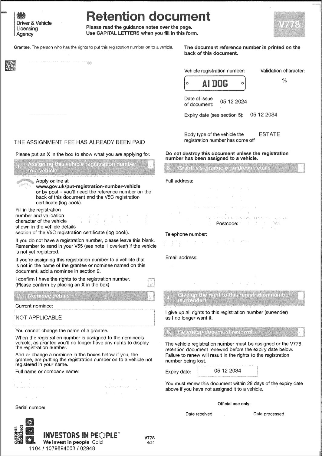 'A1 DOG' - Number Plate for sale by auction in , United Kingdom