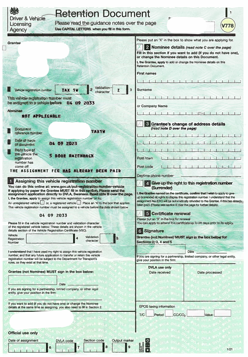 'TAX 1W' - Number Plate for sale by auction in , United Kingdom