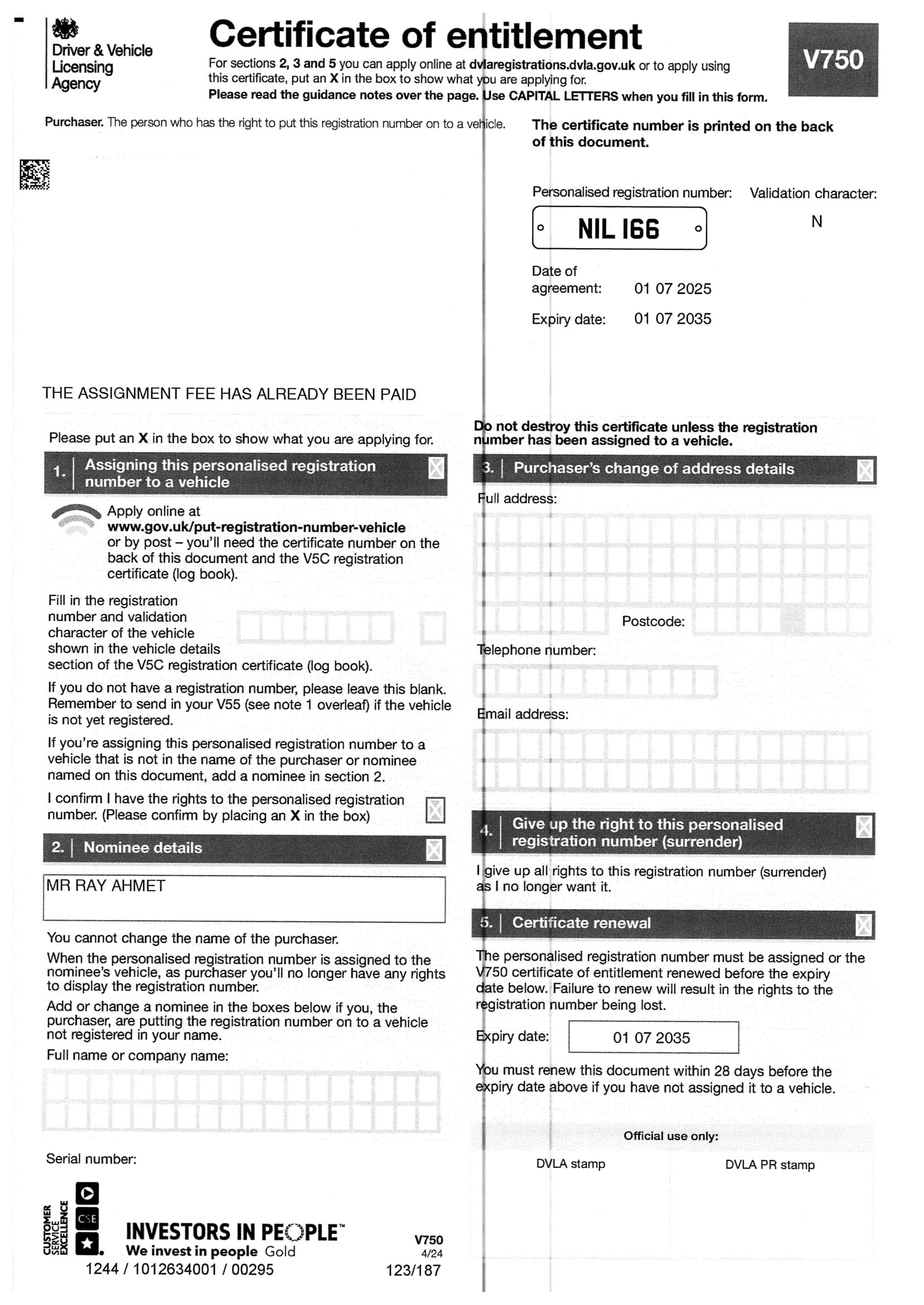 'NIL 166' - Number Plate for sale by auction in , United Kingdom