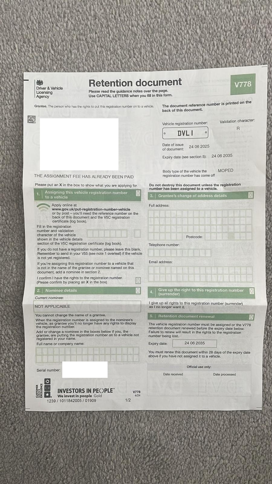 'DVL 1' - Number Plate for sale by auction in , United Kingdom