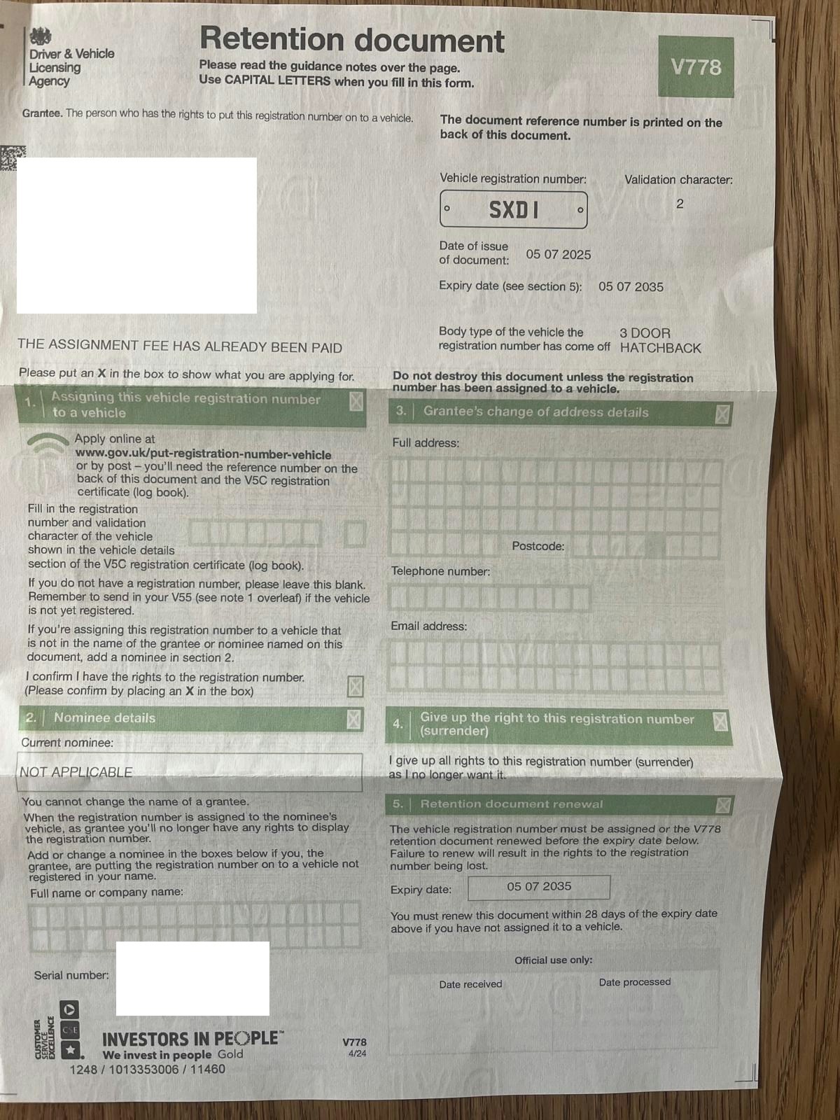 'SXD 1' - Number Plate for sale by auction in , United Kingdom