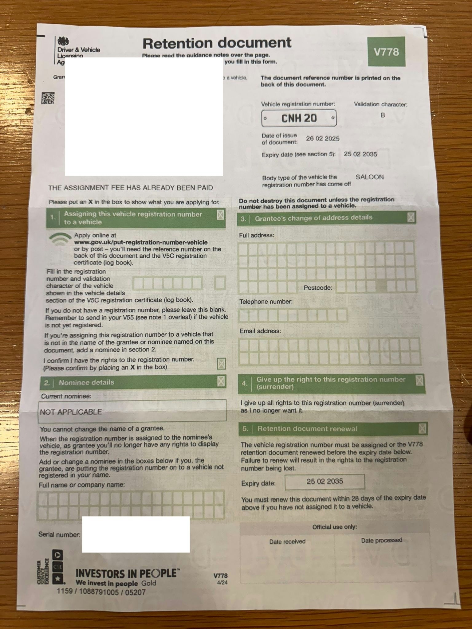 'CNH 20' - Number Plate for sale by auction in , United Kingdom