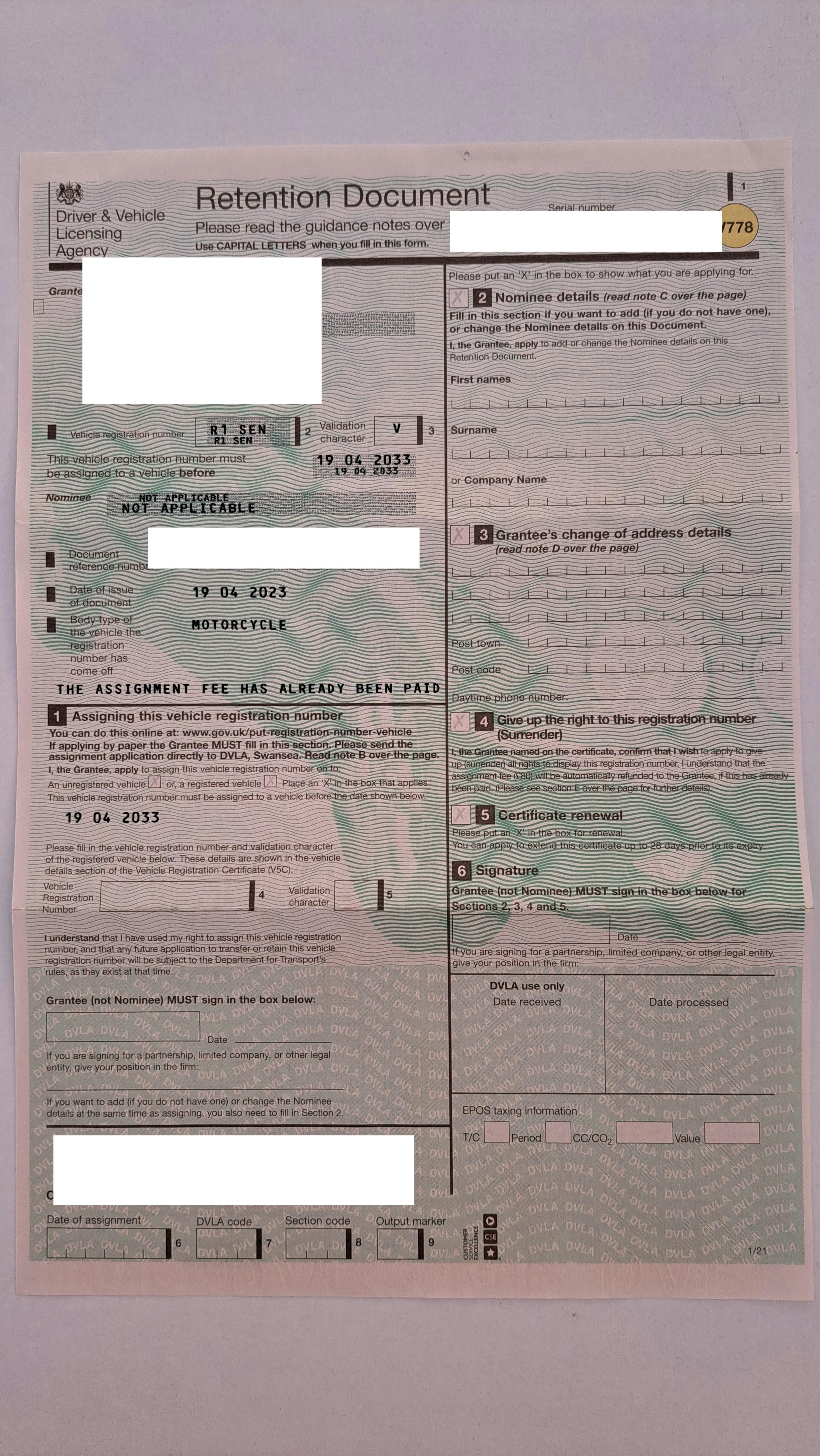 'R1 SEN' - Number Plate for sale by auction in , United Kingdom
