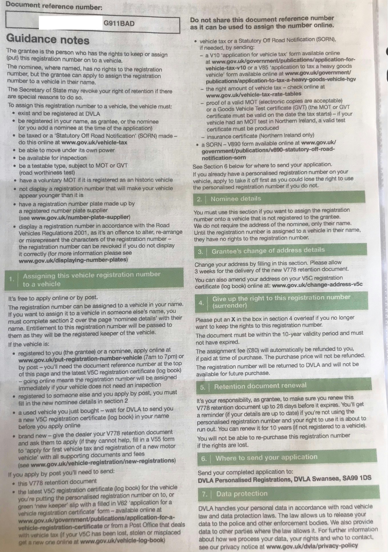 'G911 BAD' - Number Plate for sale by auction in , United Kingdom