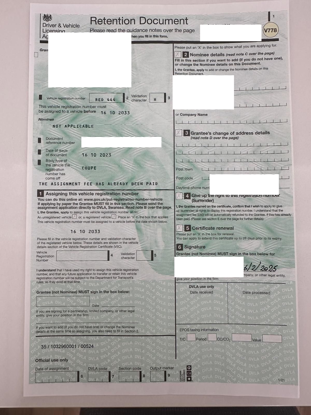 'RED 444' - Number Plate for sale by auction in , United Kingdom