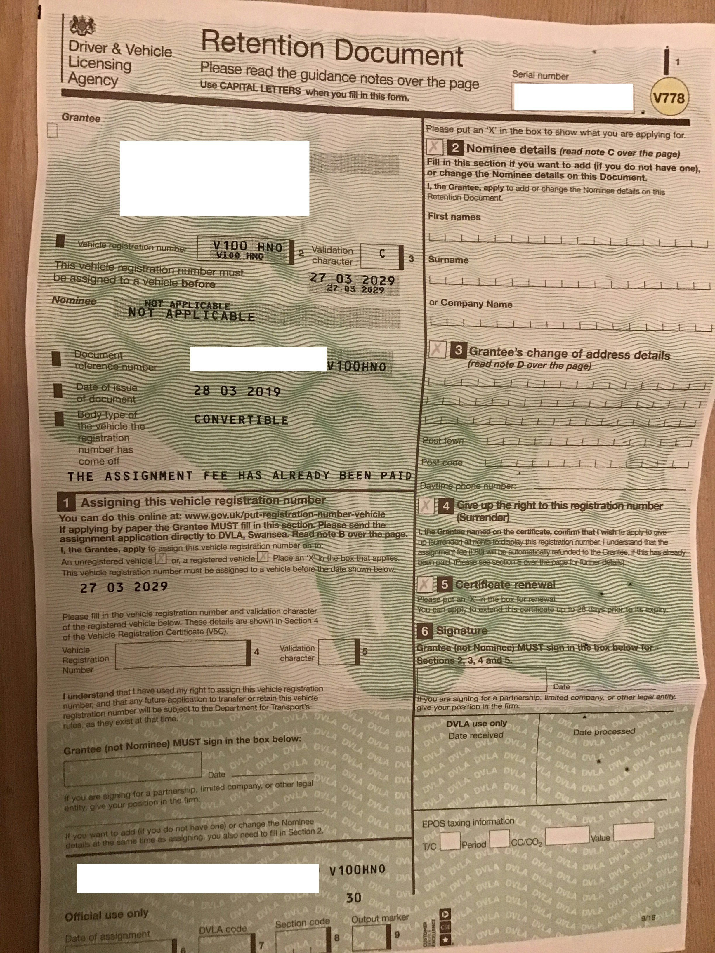 'V100 HNO' - NUMBER PLATE for sale by auction in , United Kingdom